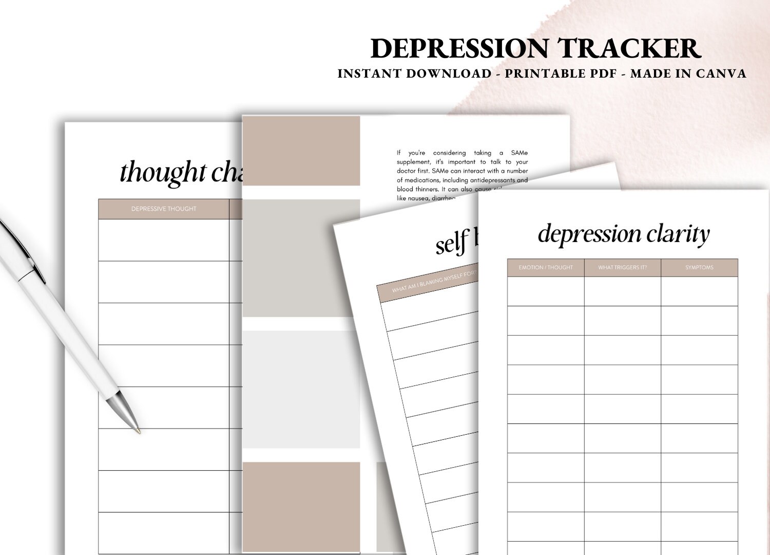 Printable Depression Therapy Journal Workbook Planner | Mental Health ...