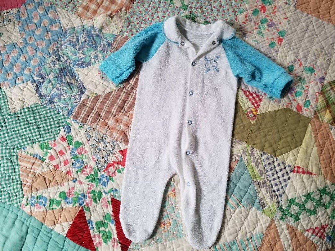 Vintage Sleeper, Medium Terry Cloth White Blue Baseball Snaps Long ...
