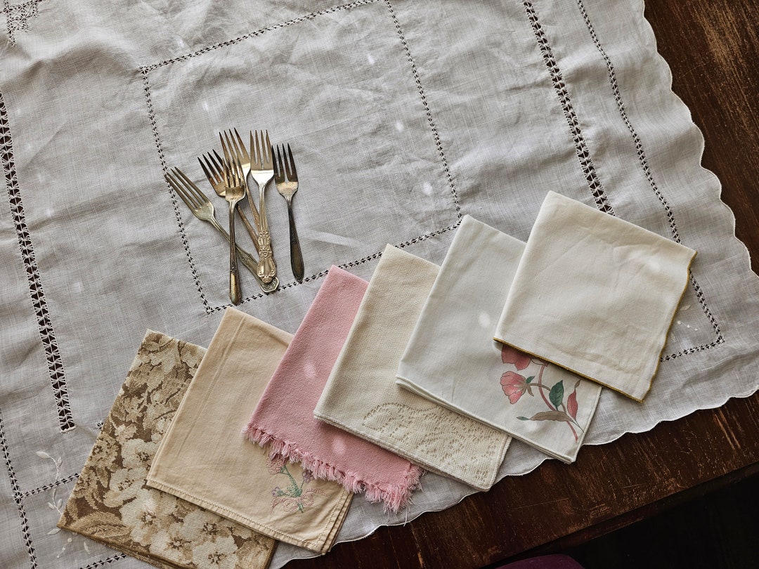 Vintage Napkins, Set of 6 Mismatched Color Coordinated Pink Floral Lace ...