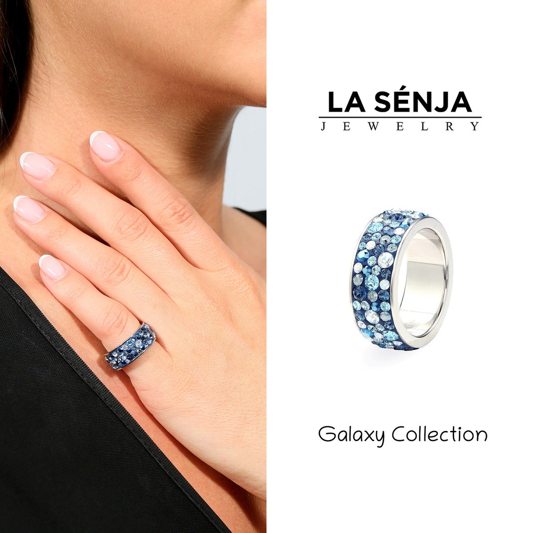 Swarovski Ocean Blue Ring Band 316L Stainless Steel Ring for Women ...