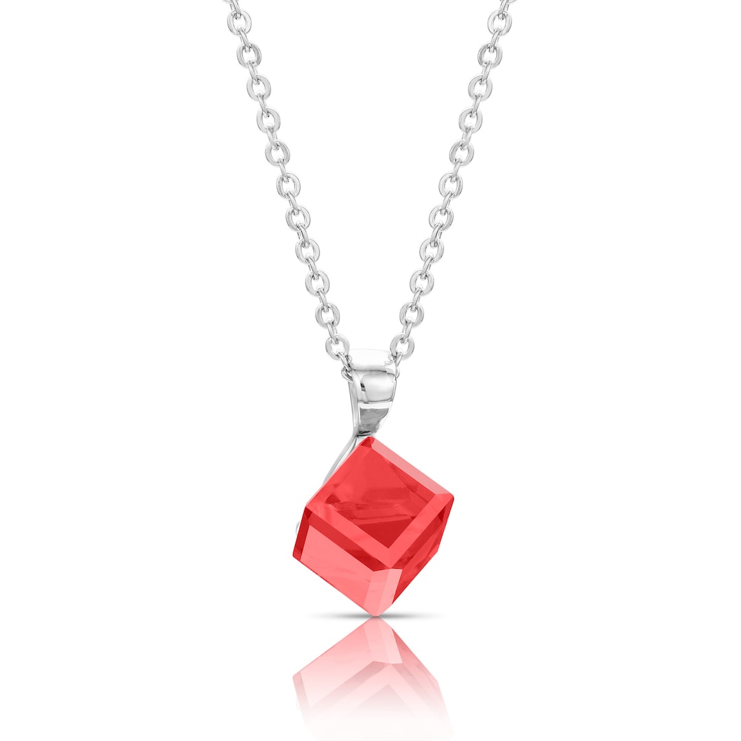 Red Crystal Cube Necklace • Minimalist Necklace • Stainless Steel Chain ...