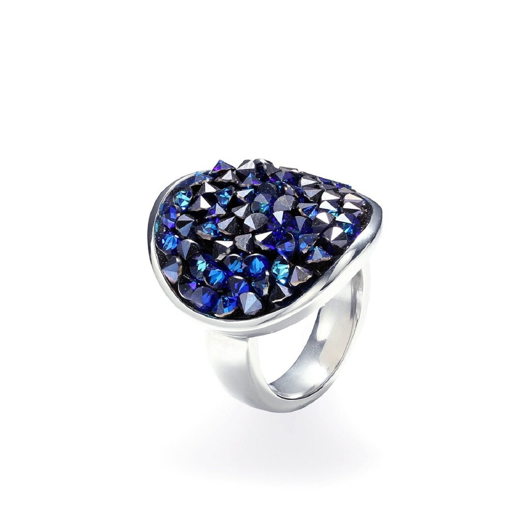 Sparkly Bermuda Blue Crystal Ring for Women Round Curved Ring Blue Ring ...