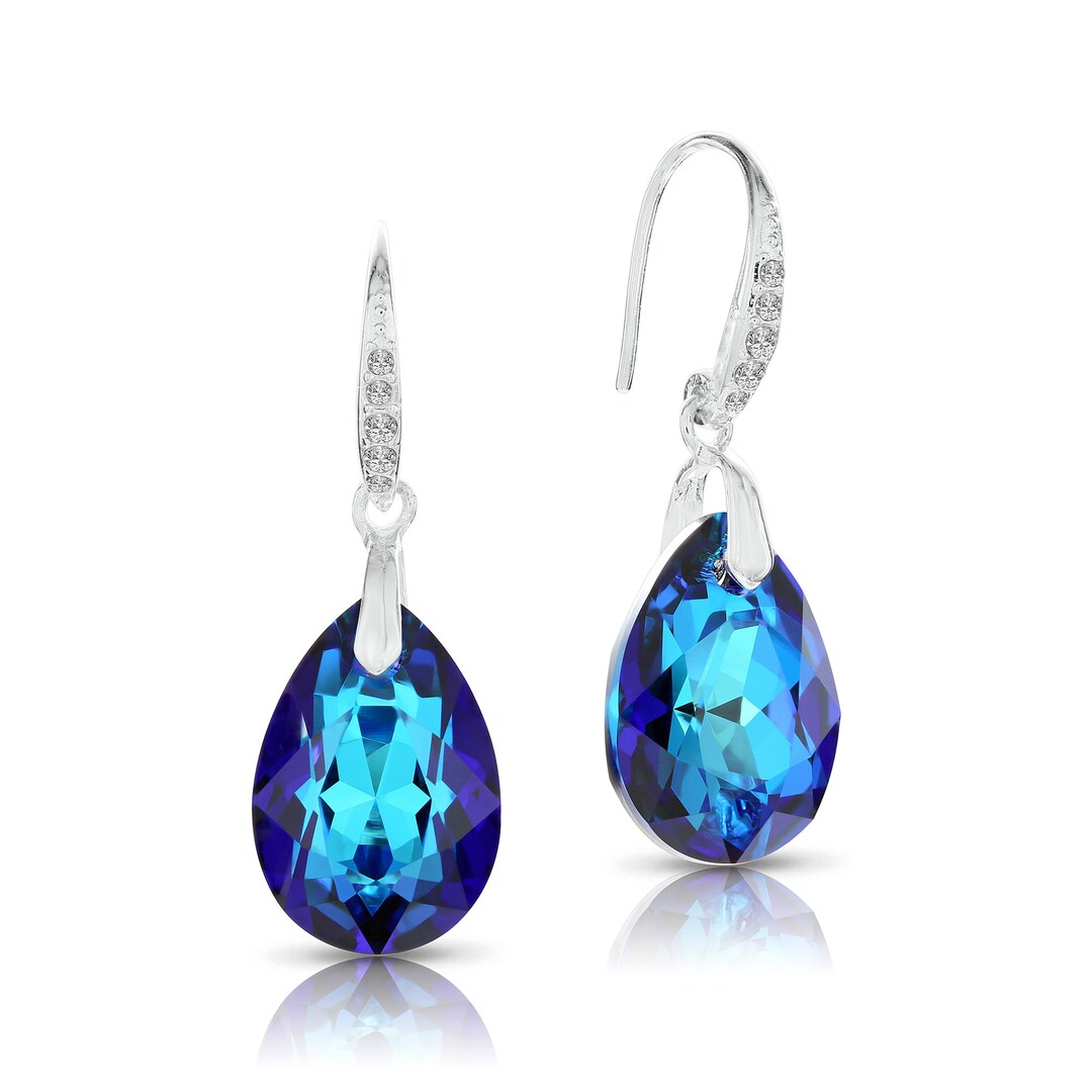Swarovski Handmade Blue Teardrop Earrings Sparkly Crystal Drop Earrings ...