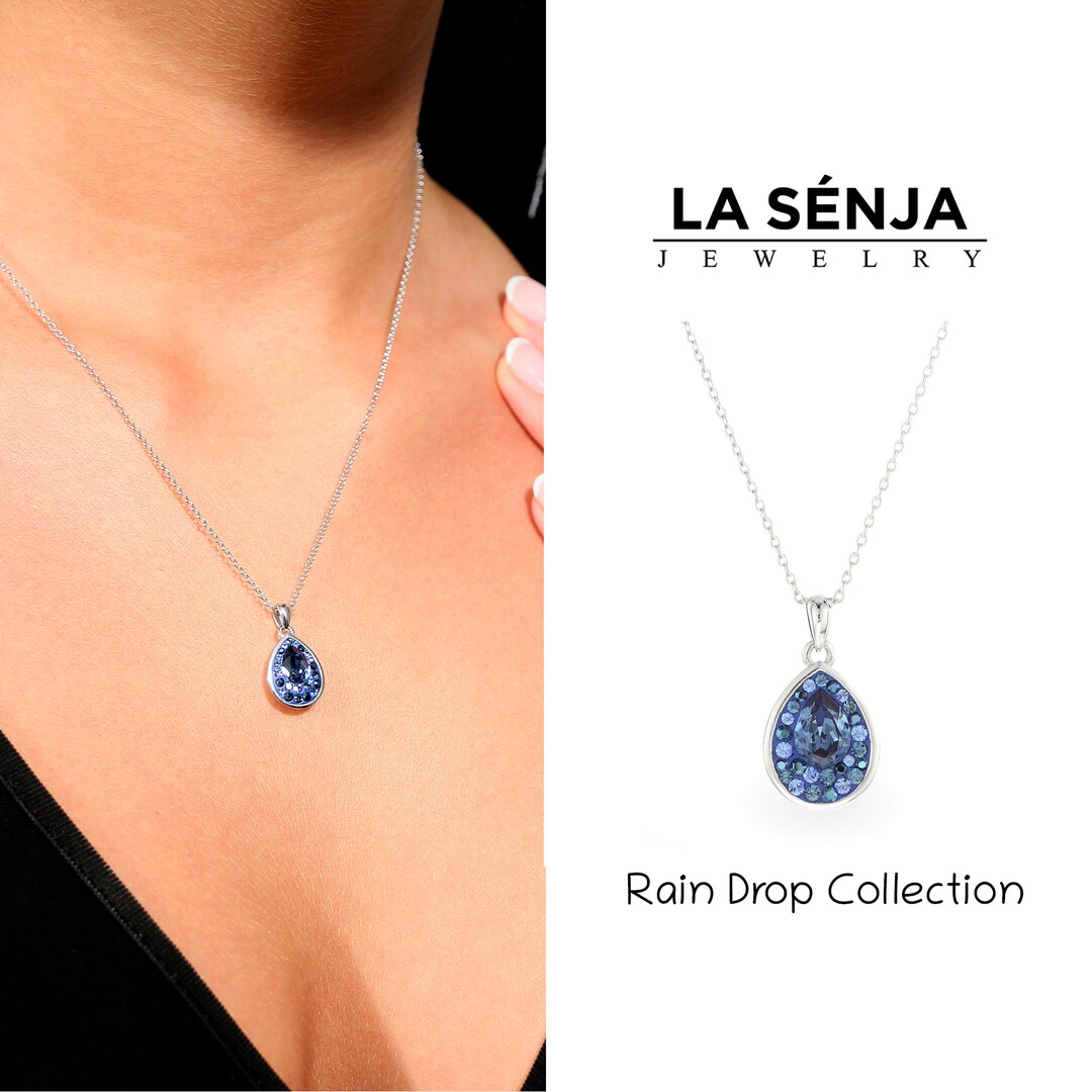 Blue Teardrop Necklace Swarovski Necklace Pear Shaped Necklace Sparkly ...