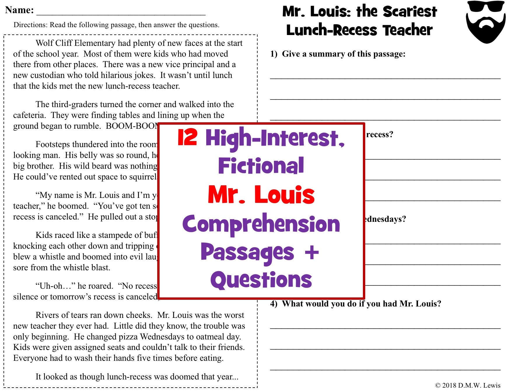 12 Evil Recess Teacher Mr. Louis Fun Fiction Reading Comprehension ...