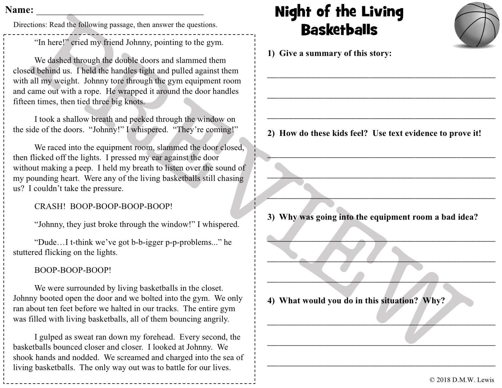 5 Basketball Fun Fiction Reading Comprehension Passages: Funny - Etsy