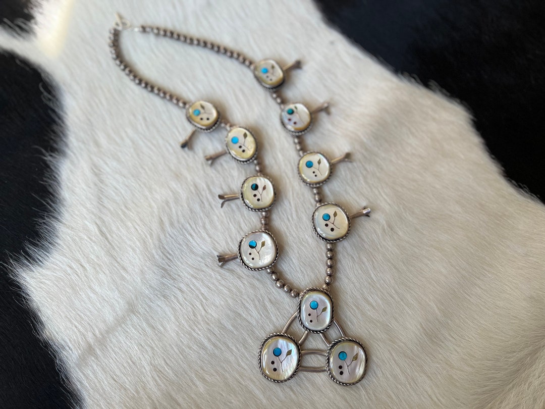 Old Pawn Inlay Flower SQUASH BLOSSOM Necklace Zuni Sterling Silver ...