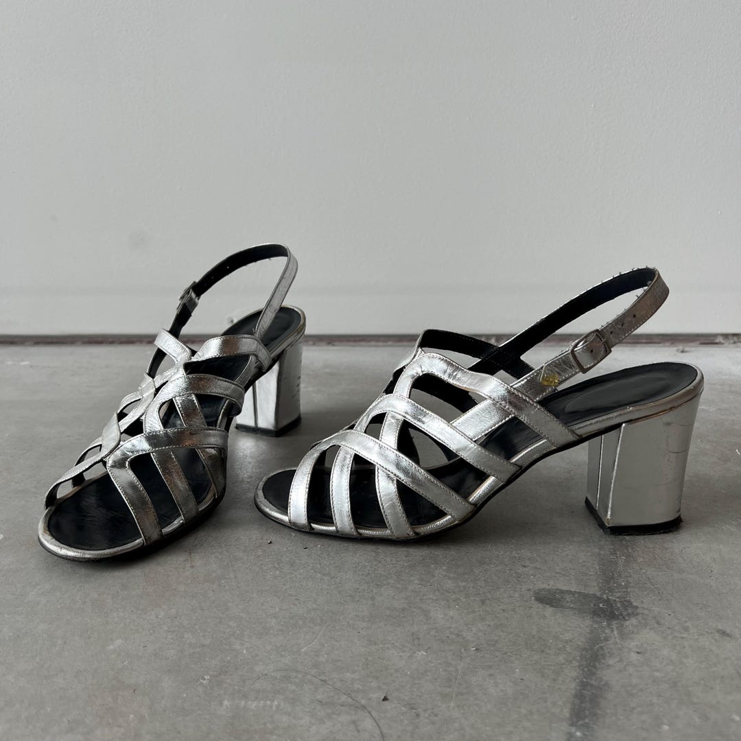 Vintage 60s 70s Metallic Silver Heels Sandals Size 8-8.5 - Etsy
