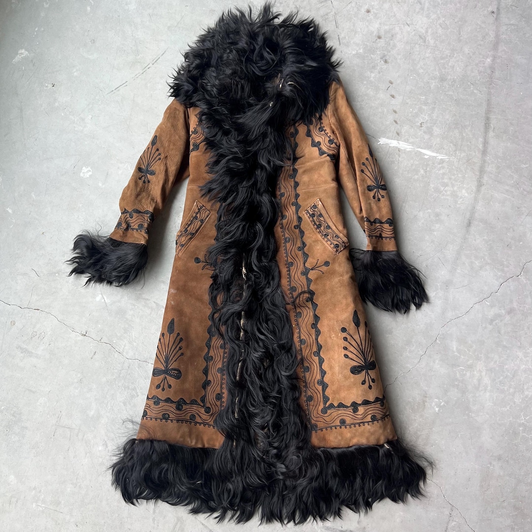 Rare 1970s Vintage Afghan Embroidered Yak Fur Shearling Lined Coat Size ...