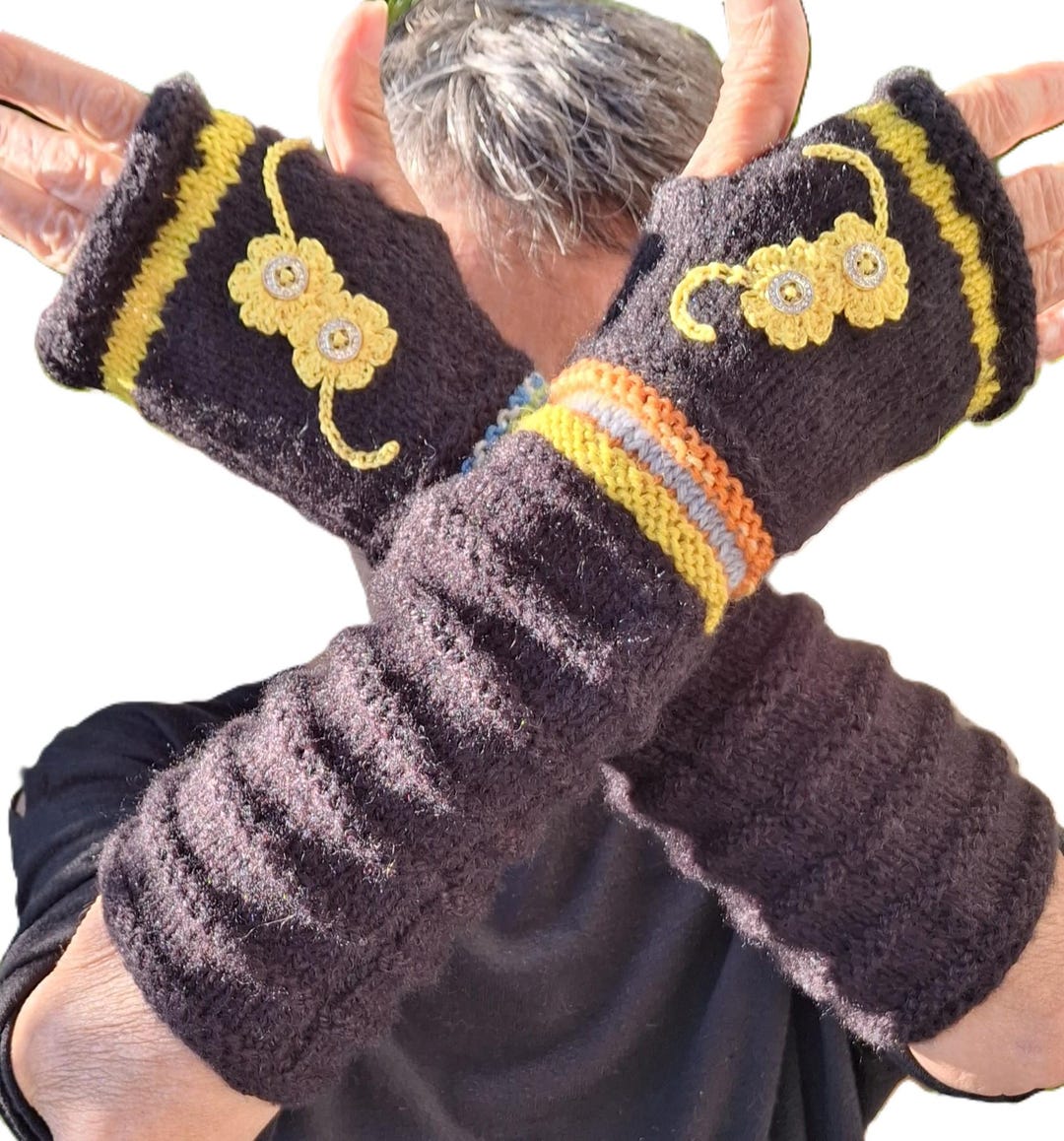 Long Hand-knitted Mittens, Crochet Flower Embroidered Mittens, Unique ...