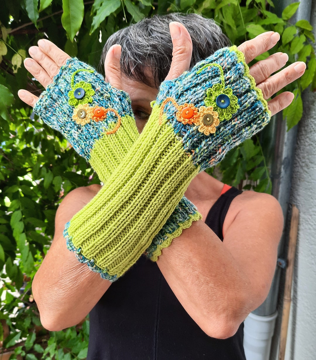 Long Hand-knitted Mittens, Crochet Flower Embroidered Mittens, Unique ...