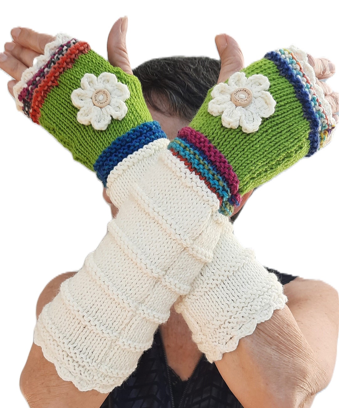 Long Hand-knitted Mittens, Crochet Flower Mittens, Unique Creation ...