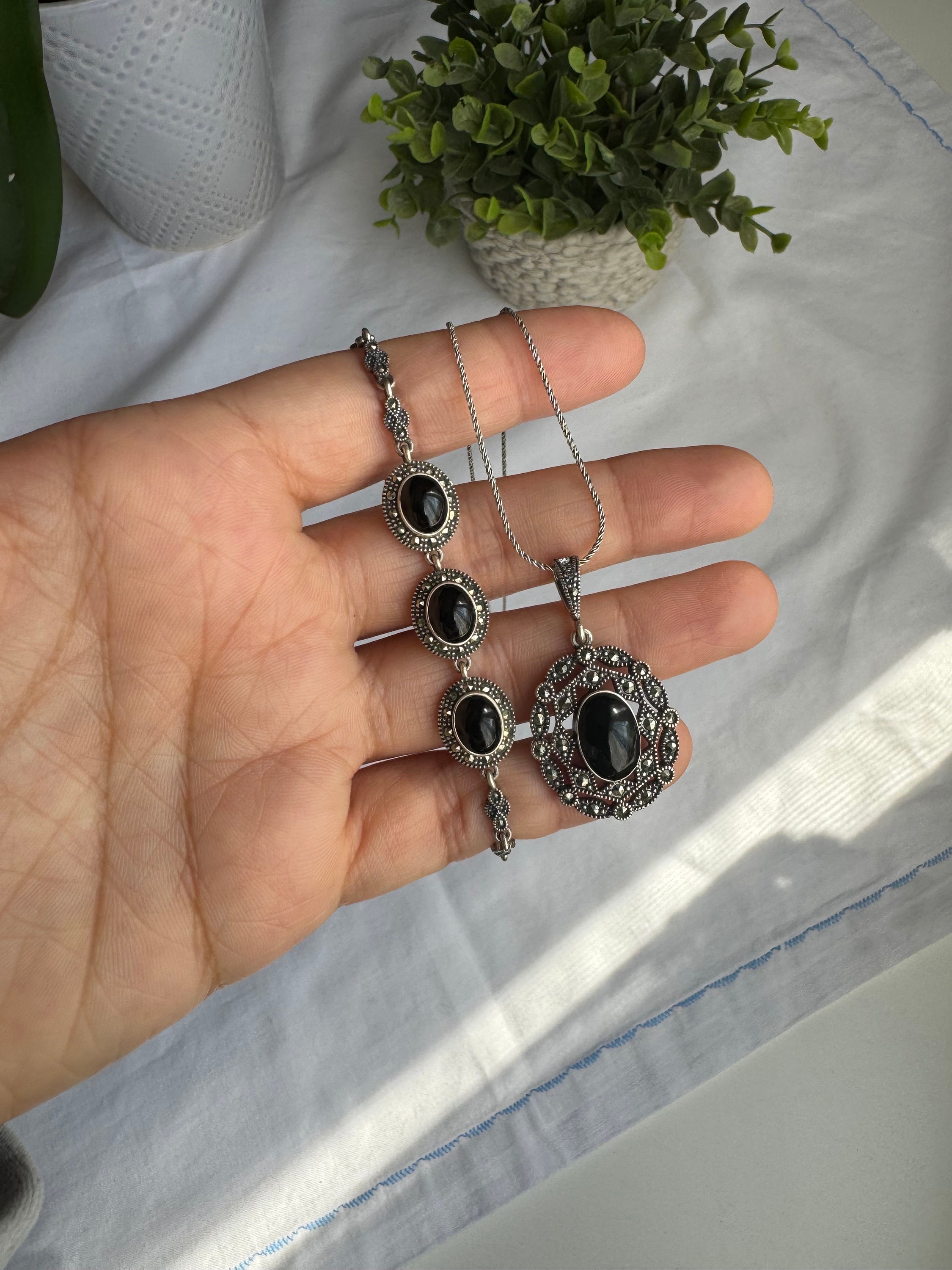 Necklace Erzurum Oltu Stone Jet Stone 925 Sterling Silver Edges ...