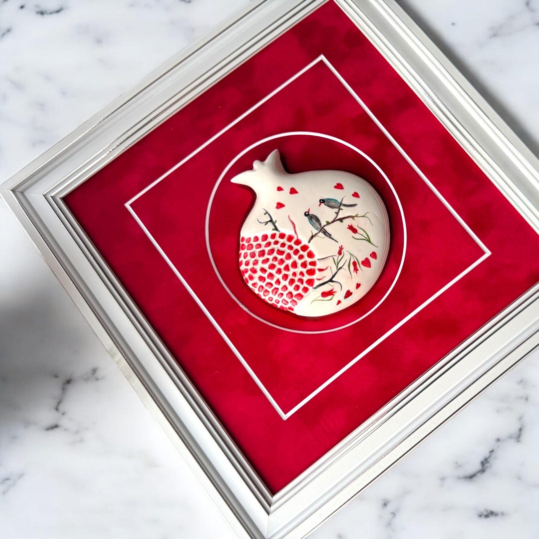 Hand-painted Ceramic Pomegranate Tile With Birds Framed Turkish Wall ...