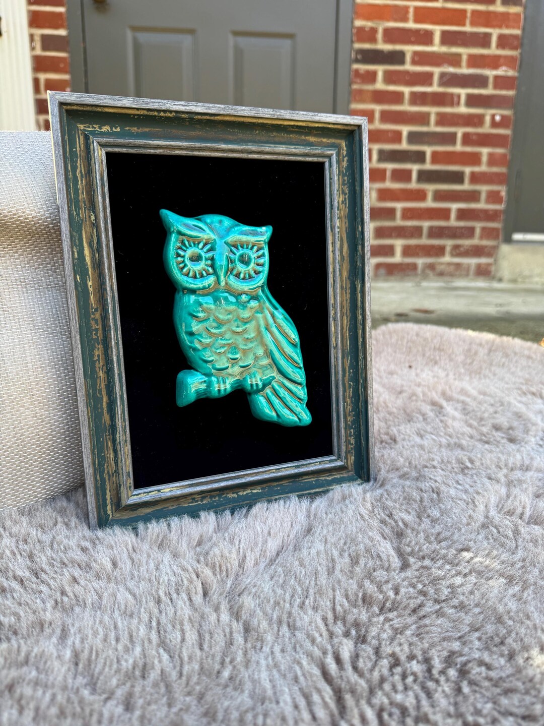 Hand-painted Blue Ceramic Owl - Framed Artisan Wall Art - Etsy