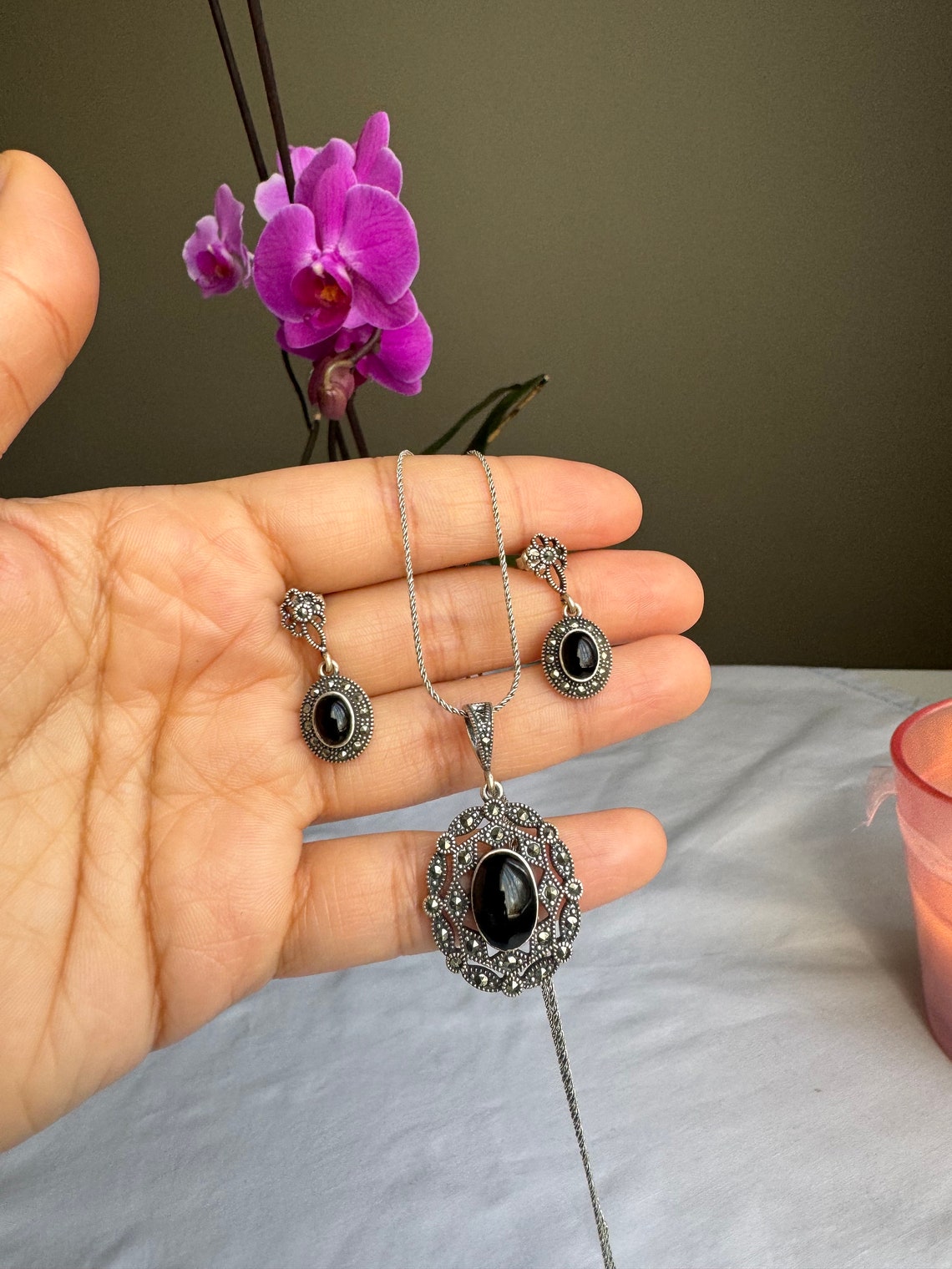 Necklace Erzurum Oltu Stone Jet Stone 925 Sterling Silver Edges ...