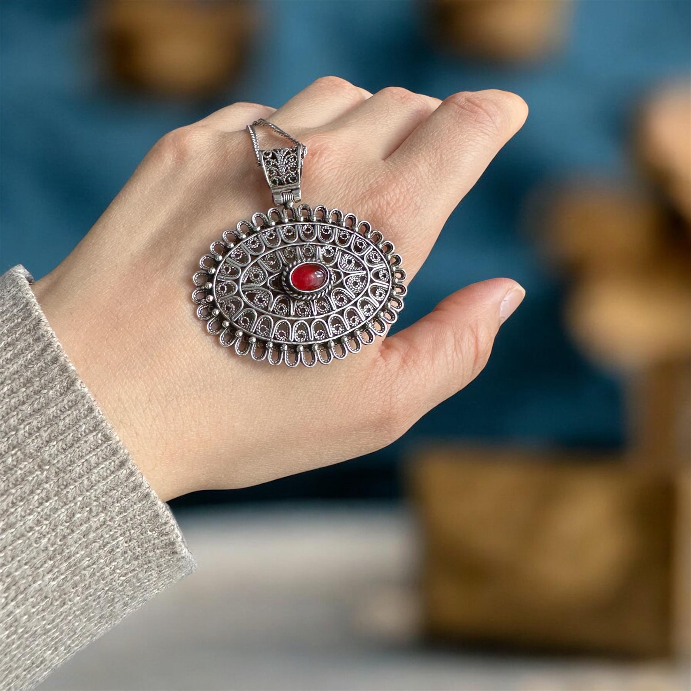 Vintage 1980s Turkish Filigree Necklace | Red Agate Telkari 925 Silver ...
