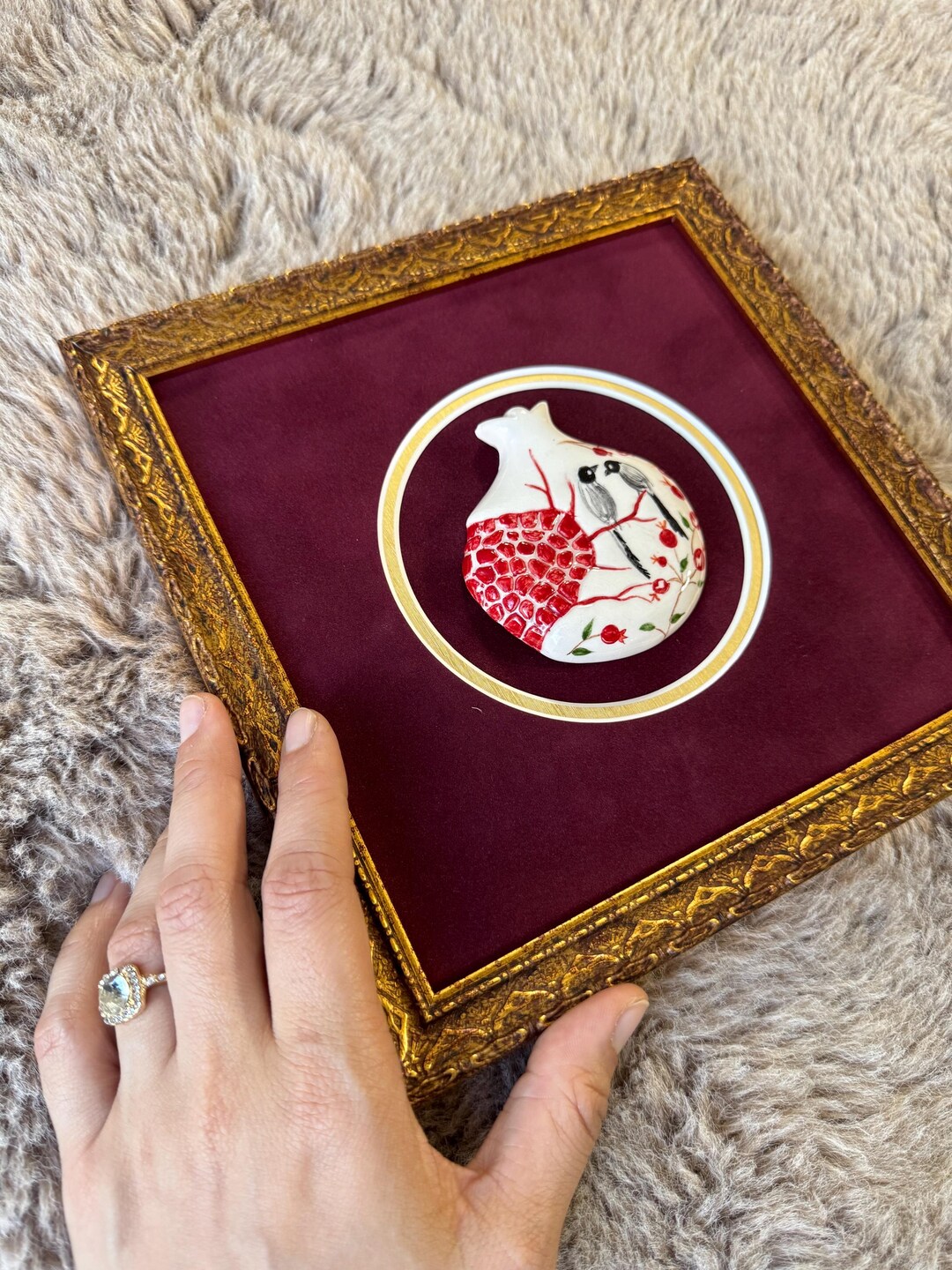 Hand-painted Ceramic Pomegranate Tile With Birds Framed Turkish Wall ...