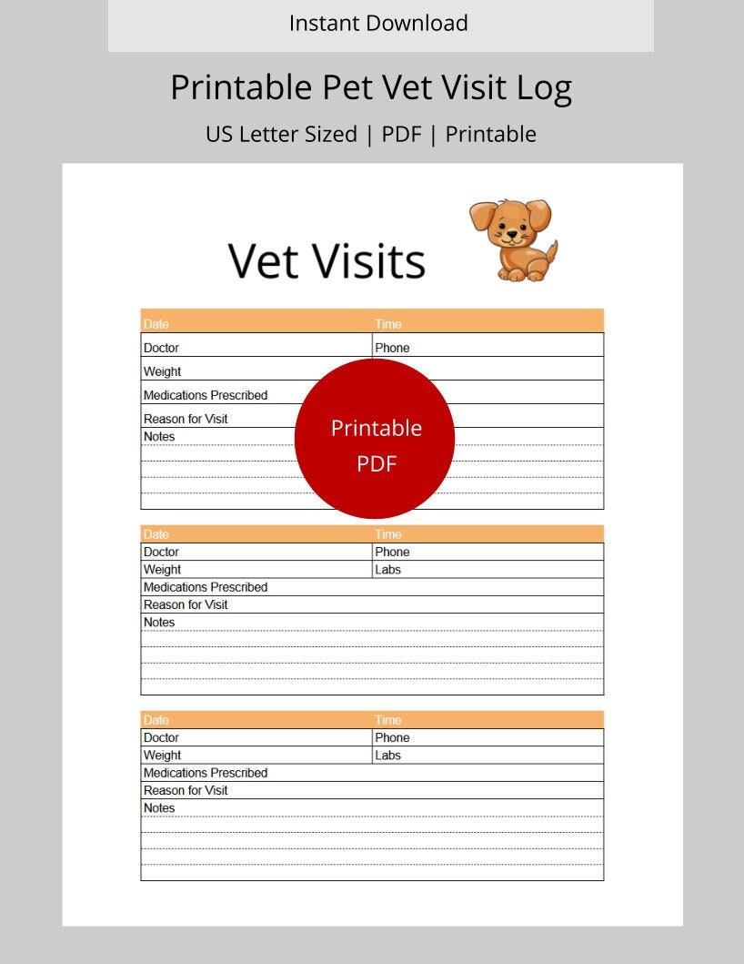 Printable Pet Vet Visit Log - Etsy