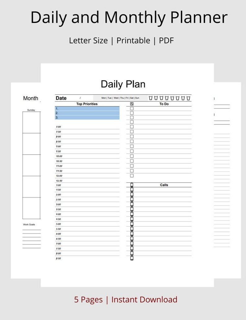 Simple Printable Daily and Monthly Planner - Etsy
