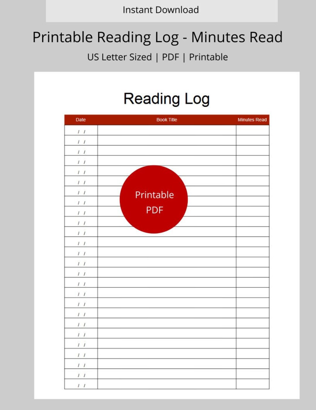 Printable Reading Log - Minutes Read - Etsy