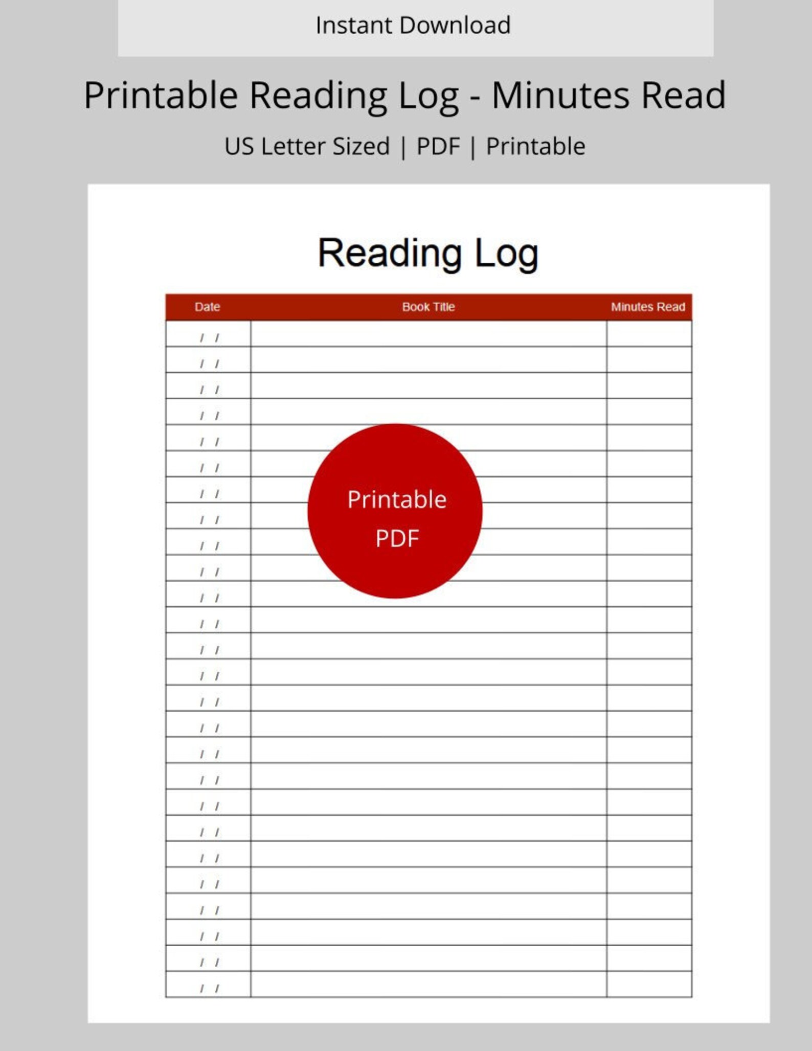 Printable Reading Log - Minutes Read - Etsy
