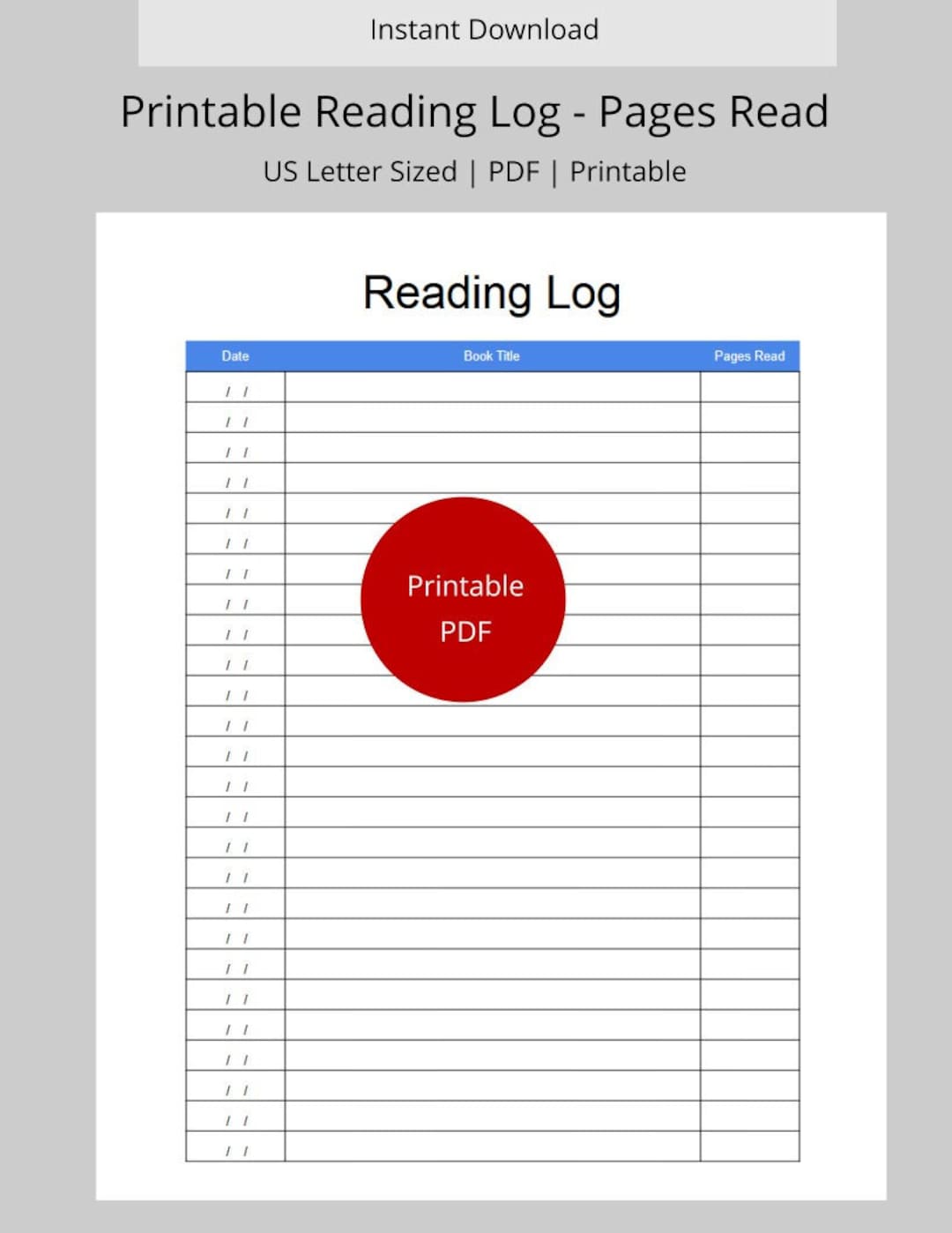 Printable Reading Log - Pages Read - Etsy