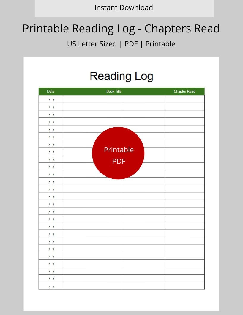 Printable Reading Log - Chapters Read - Etsy