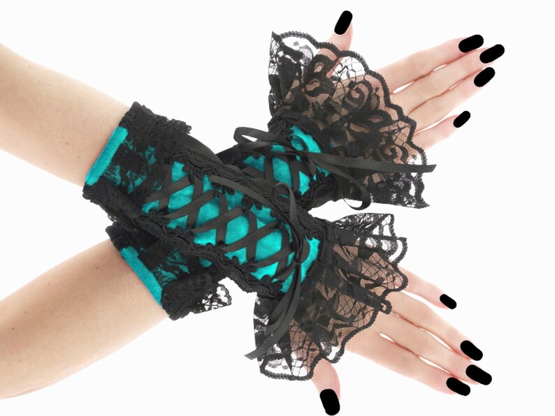 Black Lace Ruffled Fingerless Gloves, Gothic Velvet Corset Lacing Arm ...