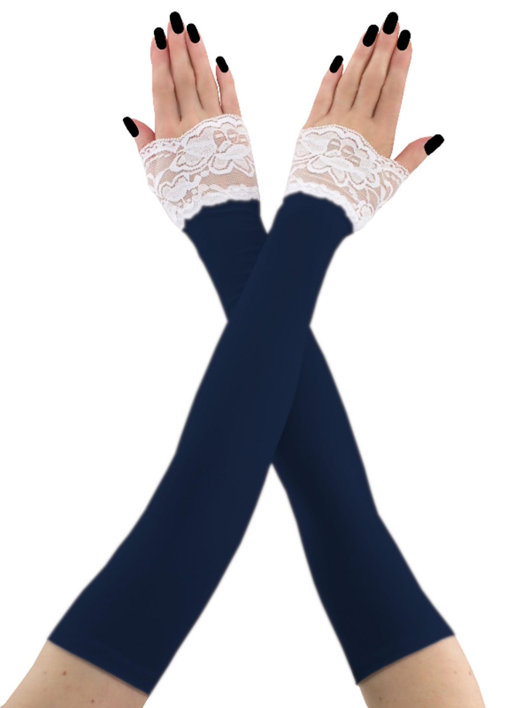 Fingerless Opera Gloves White Lace Trim Navy Blue Evening Arm Warmers ...