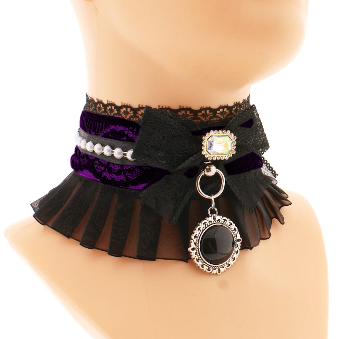 Victorian Gothic Collar Goth Choker With Ring and Pearl Satin Bow Sewn ...