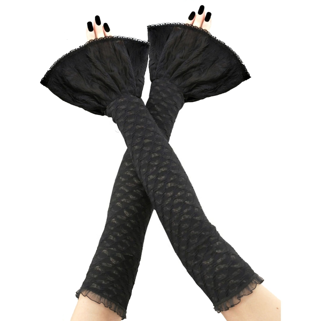 Black Frill Gloves Opera Evening Romantic Gothic Victorian Glamour Arm ...