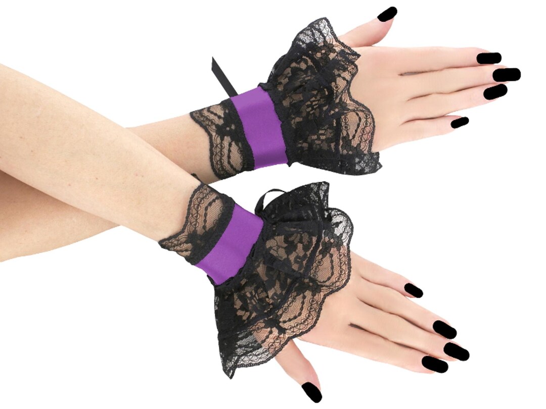 Womens Black Purple Cuffs Bracelet Romantic Satin Lace With Ruffled ...