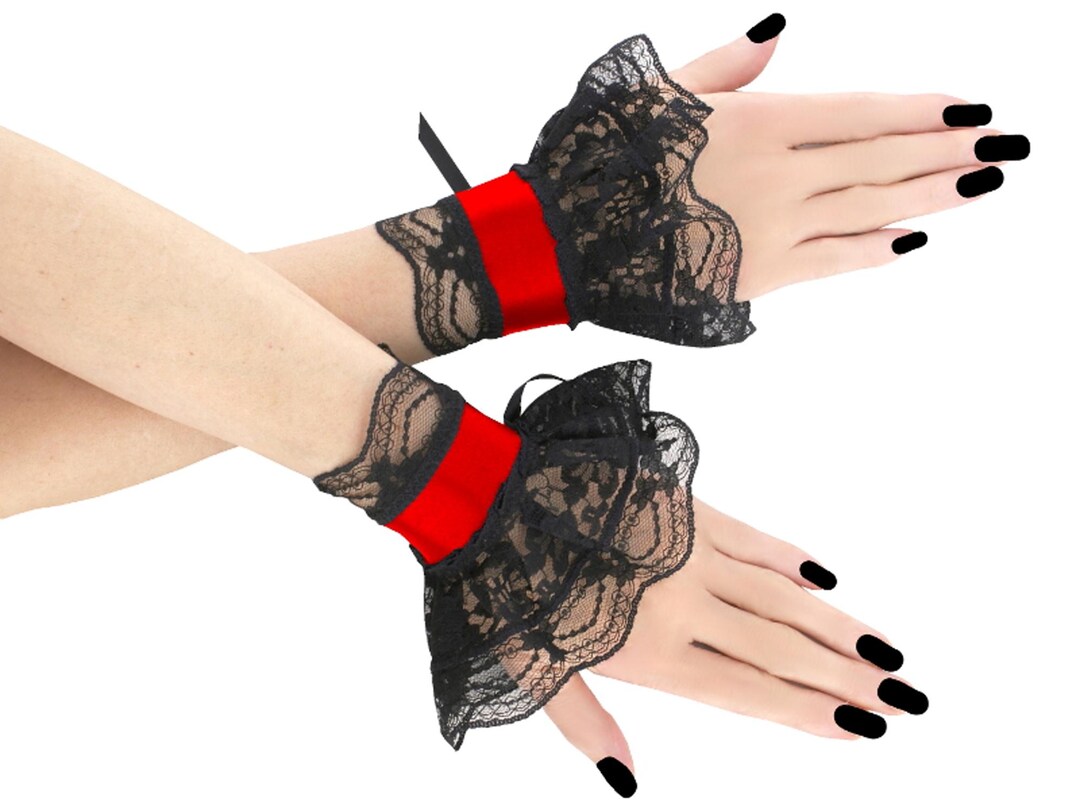 Womens Black Red Cuffs Romantic Satin Lace With Ruffled, Bridal Wedding ...
