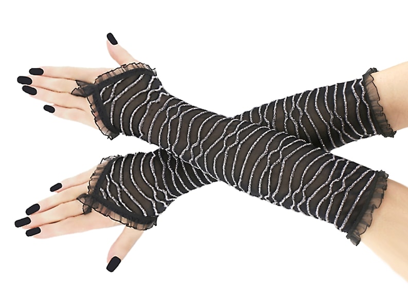 Black Elbow Length Fingerless Gloves, Ruffled Lace Trim Arm Warmers ...