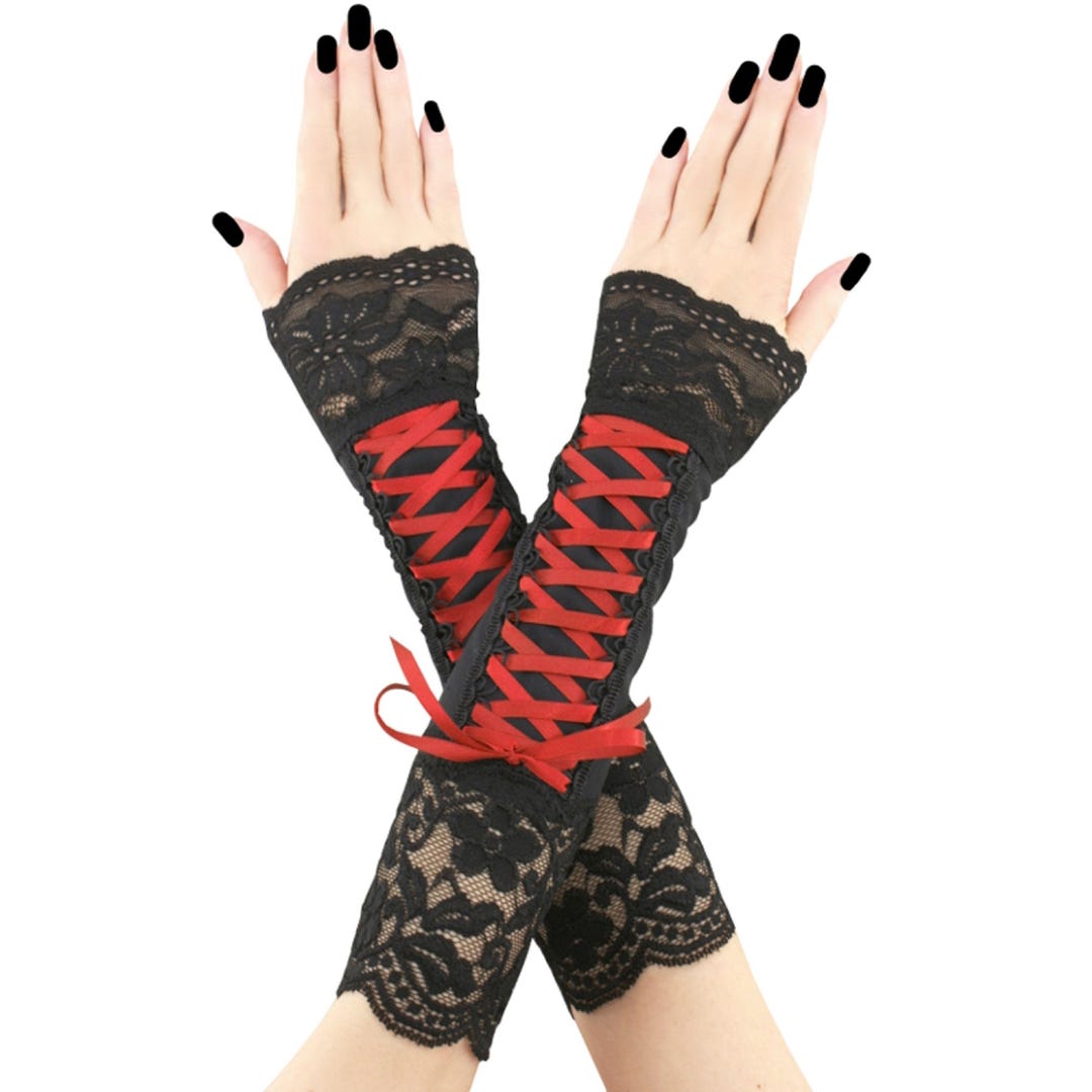 Black Lace Elbow Sleeves With Red Corset Ribbon, Lace Trimmed ...