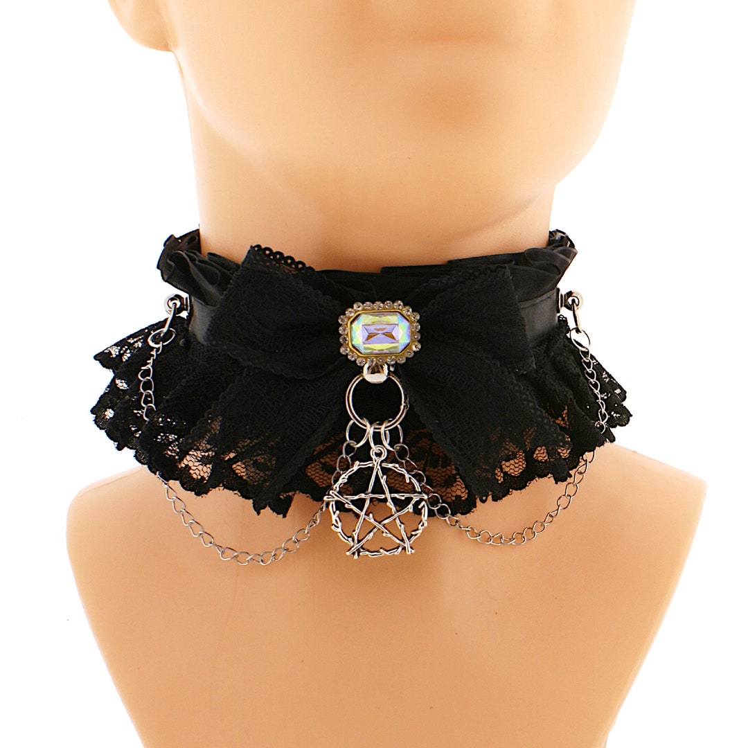Gothic Choker Black Frill Satin Bow Witch, Chain and Pentagram Pendant ...