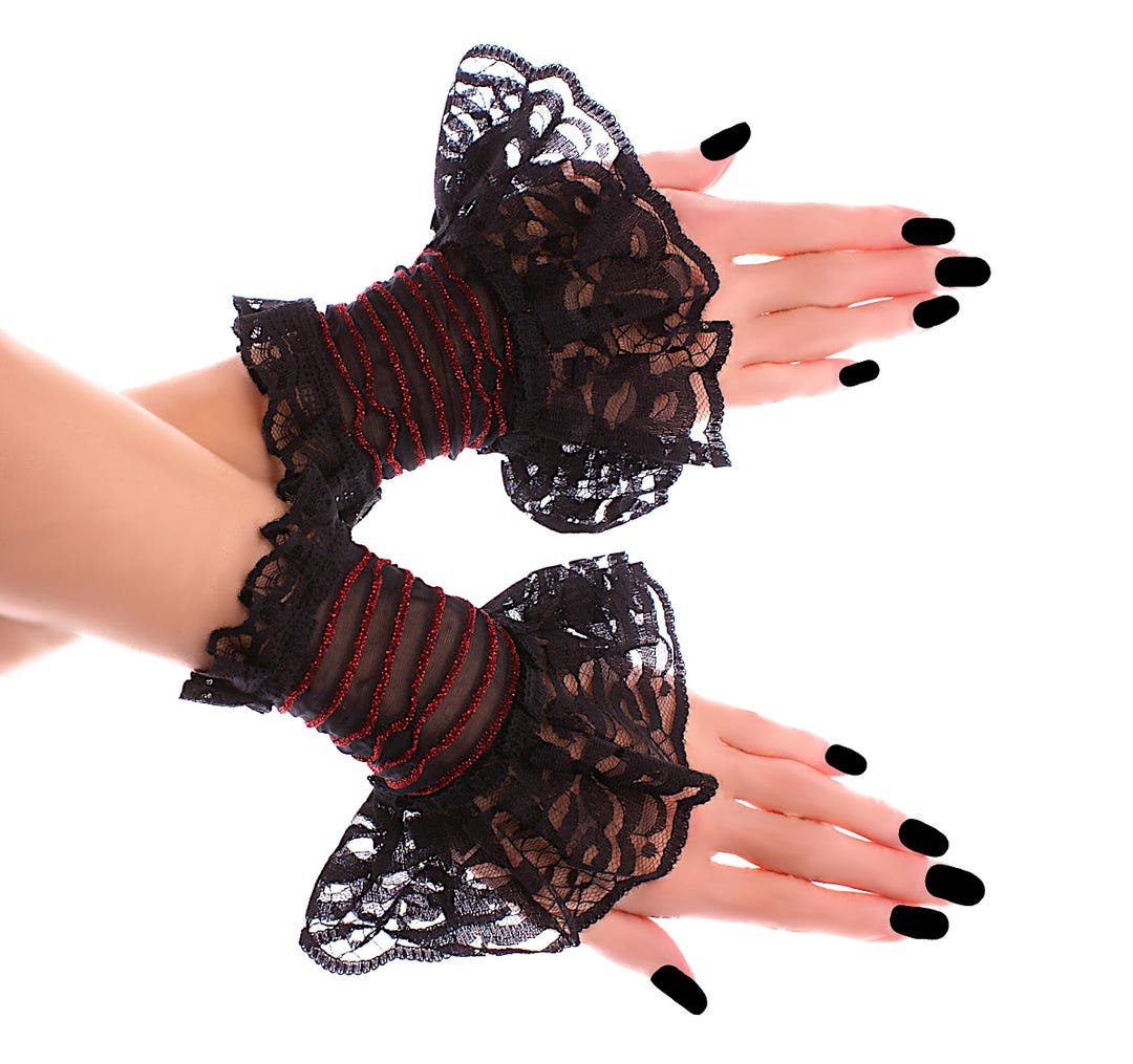 Black and Red Lurex Wrist Cuffs, Ruffled Gothic Armlets, Sparkly ...