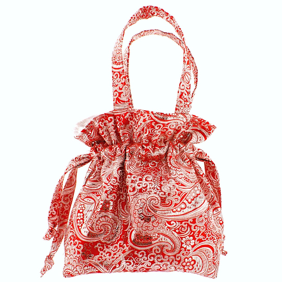 Brocade Handbag Drawstring Bucket Bag Red Silver Women's Formal Handbag ...