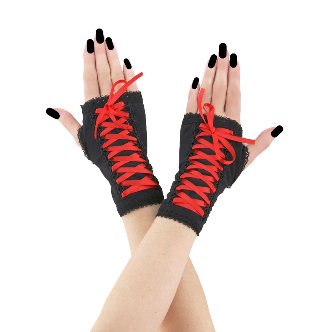 Black Red Gothic Fingerless Gloves, Womens Goth Mittens Thumb Holes ...