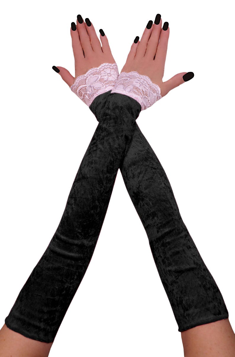 Purple Velvet Fingerless Opera Gloves Elastic White Lace Glamour ...