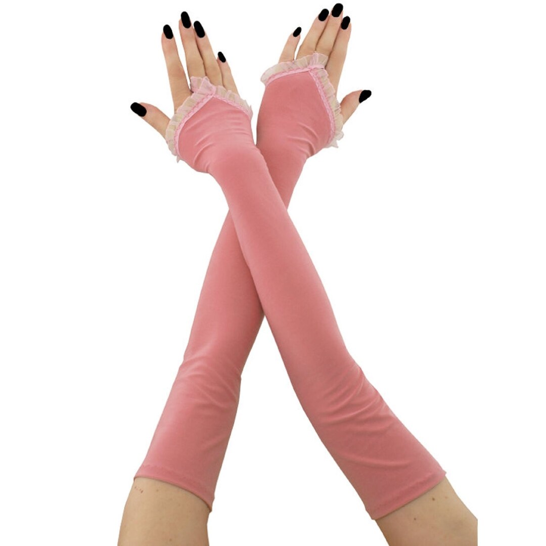 Pink Opera Fingerless Gloves With Finger Loop, 20" Bridal Lace Sleeves ...