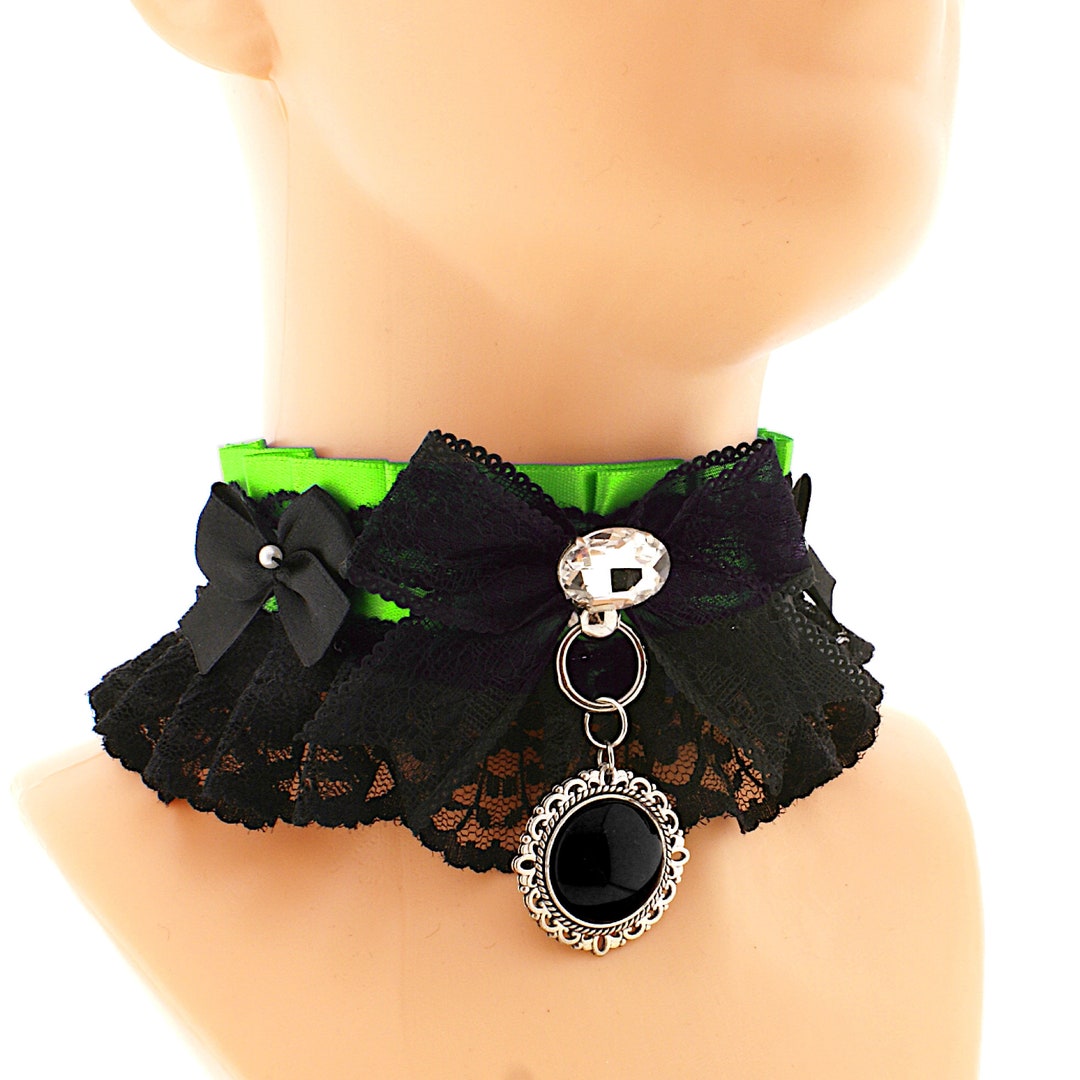 Gothic Black Collar Satin Neon Green Ring Bow Sewn Gem Choker, Lady ...
