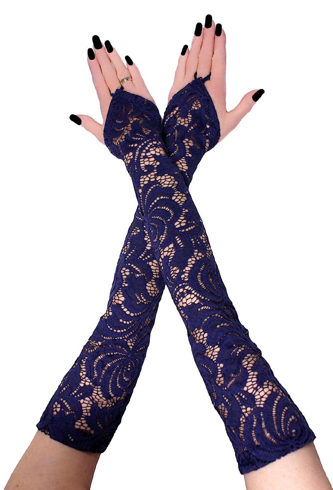 Elegant Blue Lace Opera Fingerless Gloves Evening Romantic Costume ...