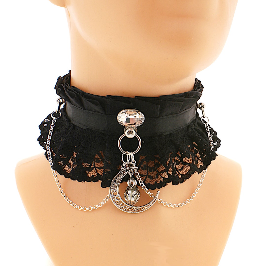 Black Lace Choker With Moon Pendant and Chains, Ruffled Satin Gothic ...