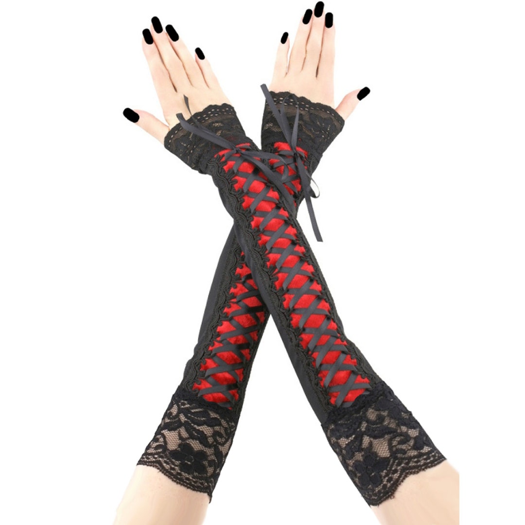 Gothic Fingerless Gloves Lace Trim Red & Black Corset Arm Warmers ...