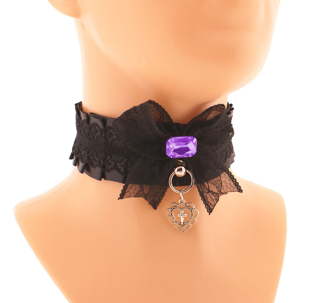 Gothic Black Lace Collar Choker, Ring Pendant Heart Womens Goth Bow Gem Collars, Satin Lace ...