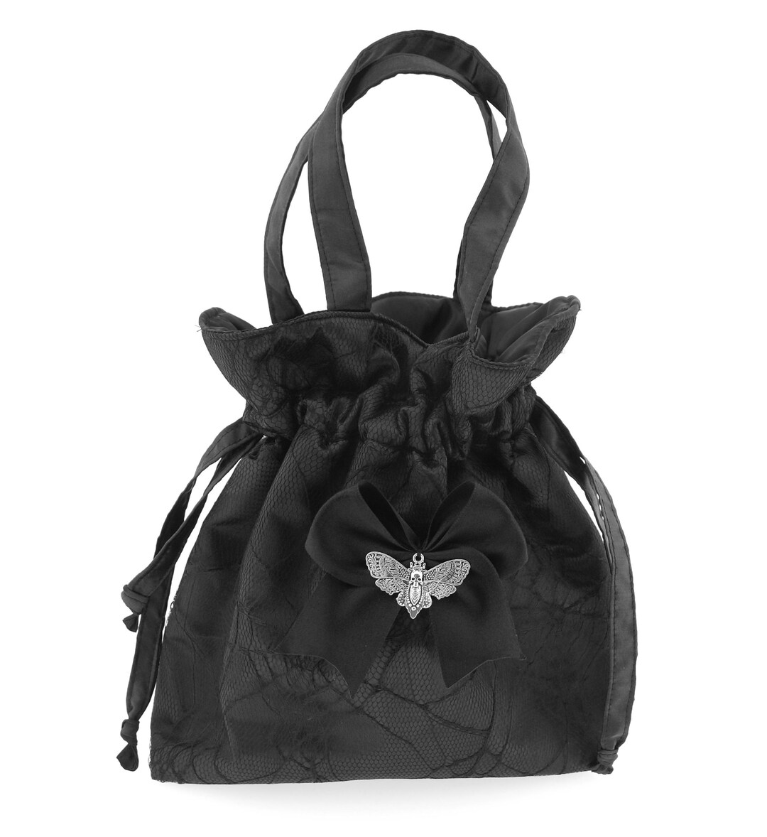 Gothic Black Lace Drawstring Bucket Bag, Moth Detail Romantic Handbag ...