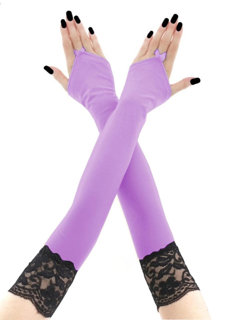 Women Fingerless Opera Gloves Black Lace Trim, Long Arm Warmers ...