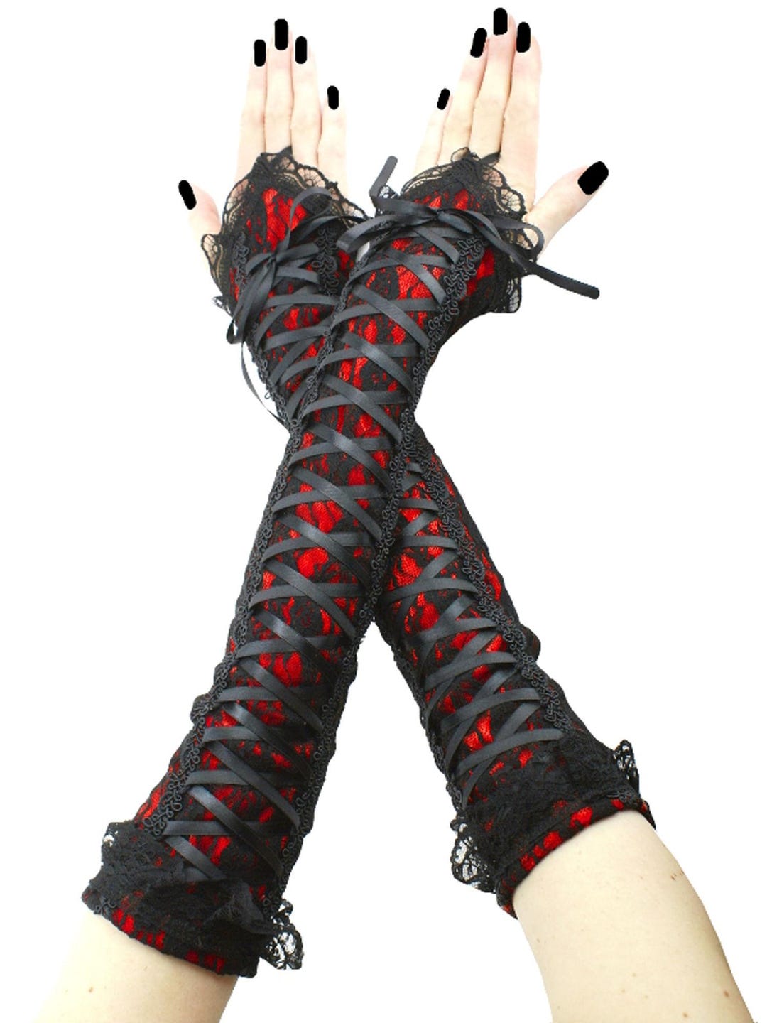 Gothic Lace-up Fingerless Gloves, Red & Black Corset Elbow Sleeves Goth ...